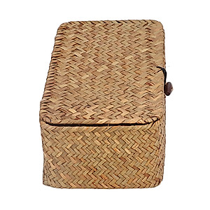 Jiawu Seagrass Baskets, Handwoven Seagrass Storage Bins with Lid, Multipurpose Rectangular Shelf Baskets, Household Boxes with Buckle, Small Rustic Container for Shelves Organizing (L)
