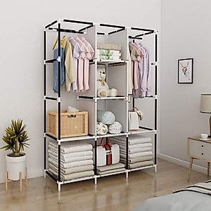 UDEAR Portable Wardrobe Closet Clothes Organizer No-Woven Fabric Cover with 6 Storage Shelves, 2 Hanging Sections and 4 Side Pockets，Grey