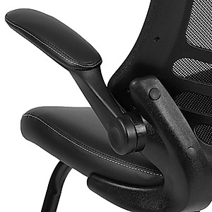 Flash Furniture Kelista Black Mesh Sled Base Side Reception Chair with White Stitched LeatherSoft Seat and Flip-Up Arms