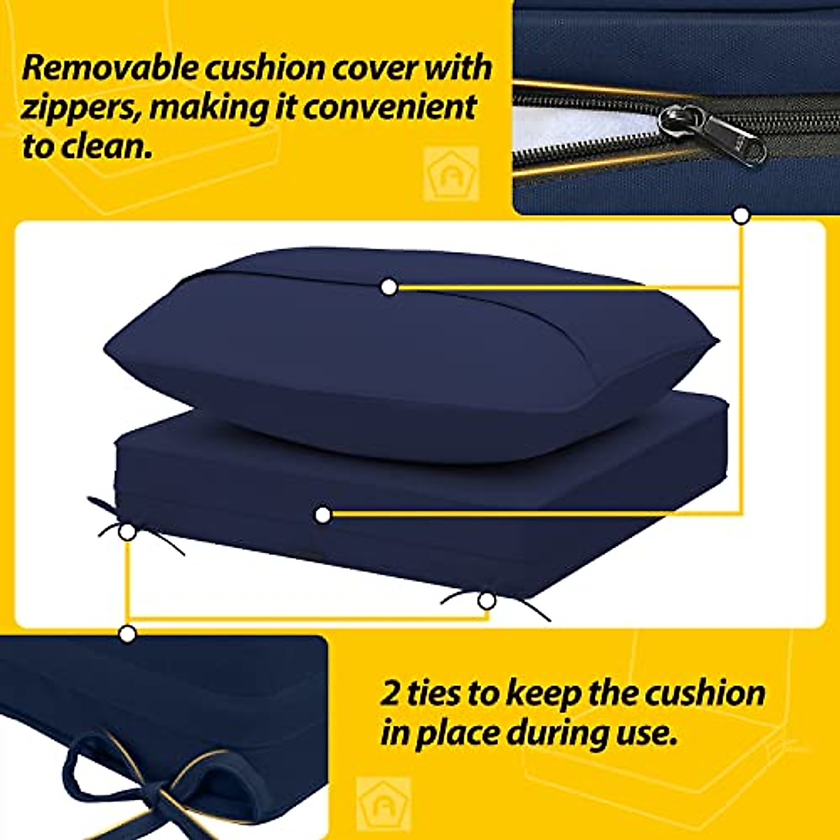 AAAAAcessories Outdoor Deep Seat Cushions for Patio Furniture, Water-Resistant Replacement Patio Chair Cushions, 24 x 24 x 5 inch, Navy Blue