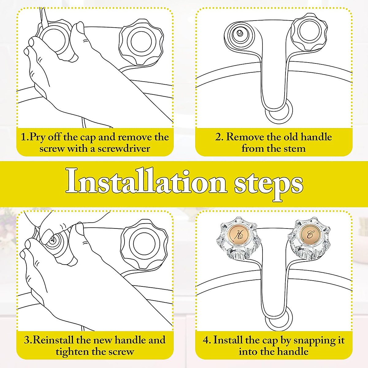 Faucet Handles, Bathtub Faucet Knobs, Complete Faucet Rebuild Trim Kit Compatible with Delta/Delex faucets, Hot and Cold Faucet Replacement Handles in Clear Acrylic, 1 Kit