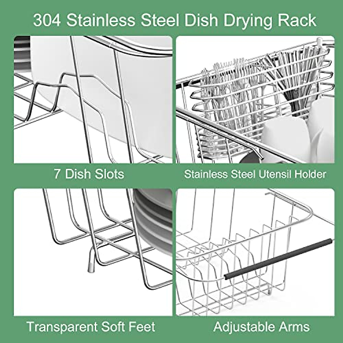 JAQ Small Dish Drying Rack in Sink Adjustable 14.96" to 20.59", Expandable 304 Stainless Steel Metal Dish Drainer Rack Organizer with Stainless Steel Utensil Holder Over Sink Counter (for 1-2 People)