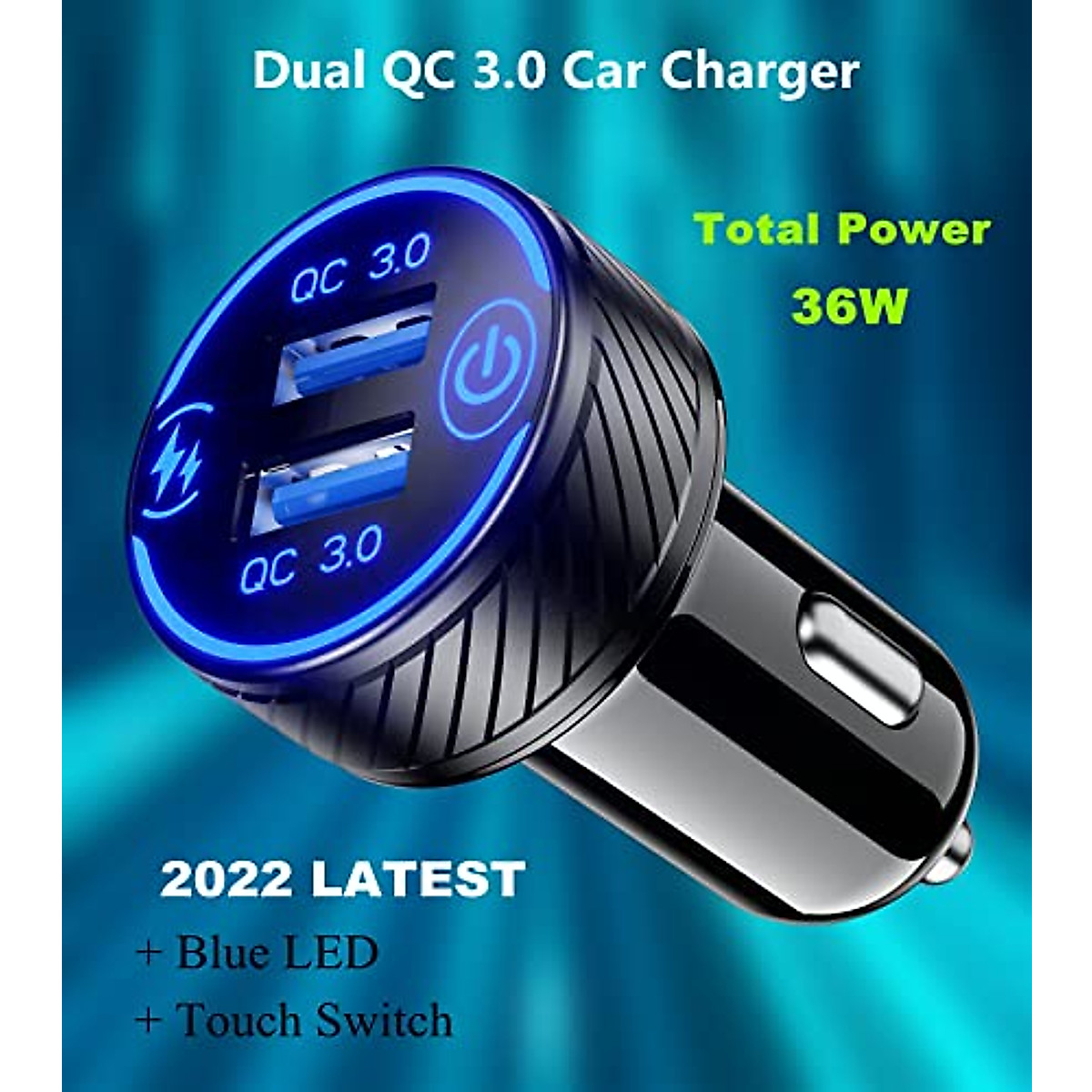 Car Charger, BRCOVAN Dual QC3.0 Port USB Car Charger Adapter, 36W 3A Fast Charge Car Phone Charger with Touch Switch & Blue LED