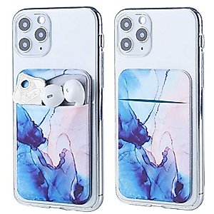 2Pack Adhesive Phone Pocket,Cell Phone Stick On Card Wallet Sleeve,Credit Cards/ID Card Holder(Double Secure) with Sticker for Back of iPhone,Android and All Smartphones (Watercolor Marble Blue)
