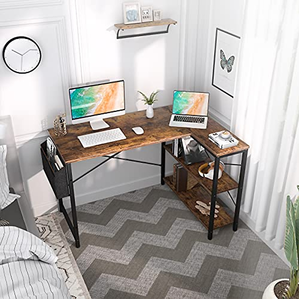 Homieasy Small L Shaped Computer Desk, 47 Inch L-Shaped Corner Desk with Reversible Storage Shelves for Home Office Workstation, Modern Simple Style Writing Desk Table with Storage Bag(Rustic Brown)