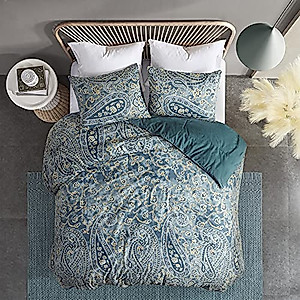 Madison Park Belcourt Sateen Cotton Comforter Set, Breathable, Soft Cover, Trendy, All Season Down Alternative Cozy Bedding with Matching Shams, King/ Cal King, Blue 3 Piece