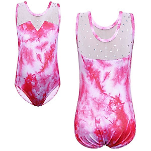 Leotard for Girls Gymnastics Rainbow Dancewear Fashion Tie Dye Sparkle Mesh Spliced Toddler Kids 3-4 Years, Pink Tie Dye