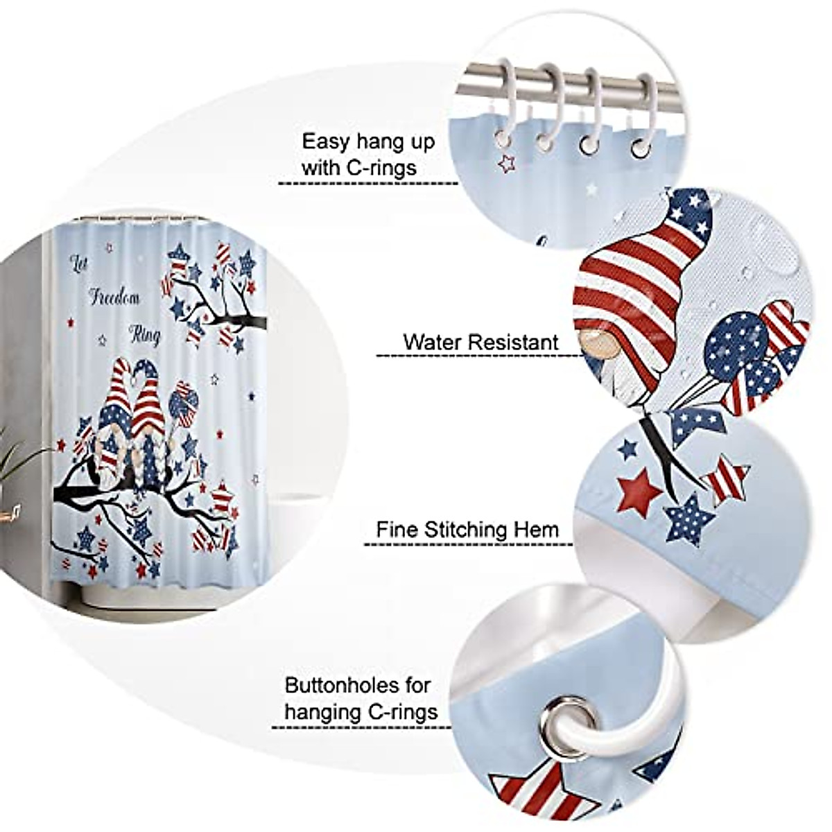 4Pcs Bath Set Home Decor, Freedom Gnomes Bathroom Waterproof Shower Curtain with Hook, 4th of July Patriotic Memorial Flag Day Large Runner Rugs, Toilet Lid Cover and U-Shaped Bath Mat, 66"x72"