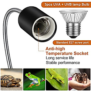 3 Set Reptile Heat Lamp Turtle Lamp Holder Fixture Clamp Basking Spot Lamp Adjustable 50W UVA UVB Full Spectrum Sun Lamp Sunbathe Heat Bulb for Turtle Snake Aquarium Chameleon Amphibian, Black
