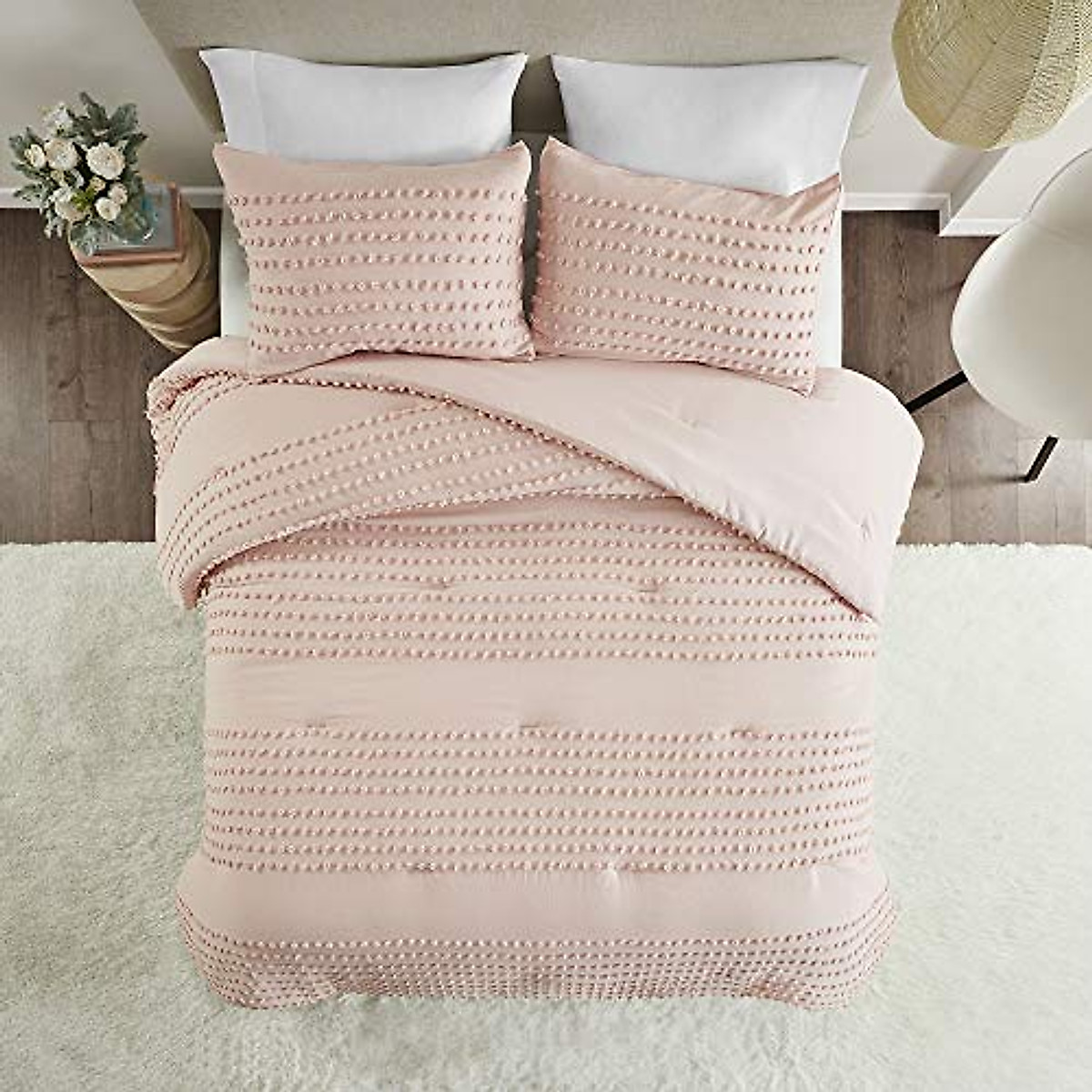 Comfort Spaces 100% Comforter Set Cotton Jacquard Pom Tufts Design Hypoallergenic Down Alternative, All Season Modern Bedding, Matching Shams, Full/Queen, Phillips, Blush