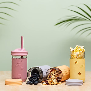 Elk and Friends Kids & Toddler Cups | The Original Glass Mason Jars 12 oz with Silicone Sleeves Straws Smoothie Spill Proof