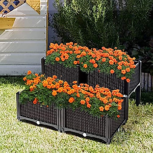 Renatone Set of 4 Raised Garden Beds Outdoor, Planter Box with Self-Watering Design, Drain Holes, Plastic Raised Garden Bed with Legs for Patio Yard Gardening, Grow Vegetables, Flowers, Herbs(Brown)