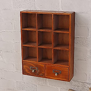 Gdrasuya10 Wooden Floating Shelves, Rustic Shadow Box Display Shelf with 9-Slot Retro Display Storage Rack Shelf with 2 Drawers for Kitchen Bedroom