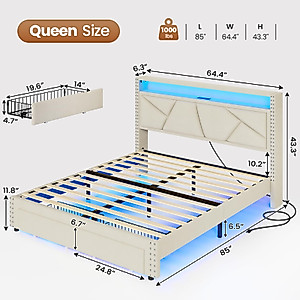 AOGLLATI Queen Bed Frame with Storage Drawers, Charging Station, Upholstered Led Bed Frame Queen Size with Storage Headboard, No Box Spring Needed, Beige