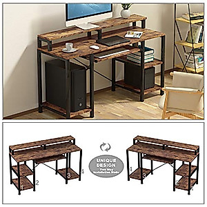 TechLand Industrial Computer Desk with Storage Shelves/Keyboard Tray/Monitor Stand, Modern Study Writing Table Workstation for Home Office