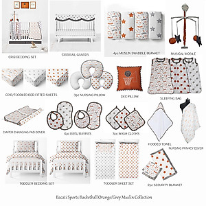 Bacati - Muslin 4 Piece Boys Toddler Bedding Set 100 Percent Cotton Includes Reversible Comforter, Fitted Sheet, Flat Sheet, and Pillow Case (Basketball Orange/Grey)