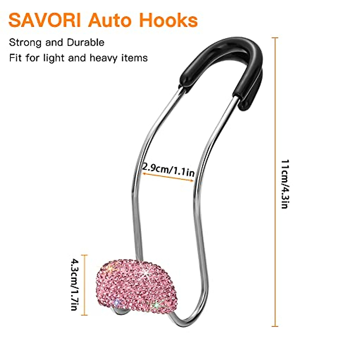 SAVORI Purse Holder for Car, Bling Car Headrest Hooks Organization Rhinestones Auto Back Seat Headrest Metal Hanger Organizer for Bags 2PCS (Pink)