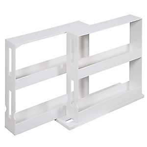 Rotating Spice Rack Plastic Seasoning Spice Jar Rack Storage 2 Tier Pull Out Kitchen Cabinet Organiser Slide Salt Bottle Box Holder Shelf Counter Spice Stand Multi-Function Pantry Door Storage - White