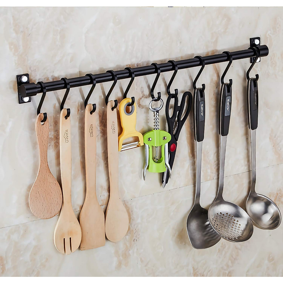 Gourmet Kitchen Utensil Rack with 6 Hooks, Wall Mounted Rail Wrought Iron Hanging Utensil Holder Rack with Removable S Hooks 16 Inch (Black-6 Hooks)