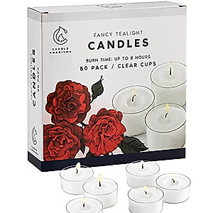 Tea Light Candles 8 Hours Burn Time in Clear Plastic Cup Holders 50 Pack