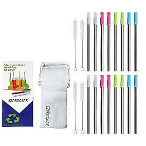 Ezprogear 8 mm 5.75 Inch Short Stainless Steel Reusable 16 Pack Drinking Wide Straw with Silicone Tips and Canvas Bag (16 Short)
