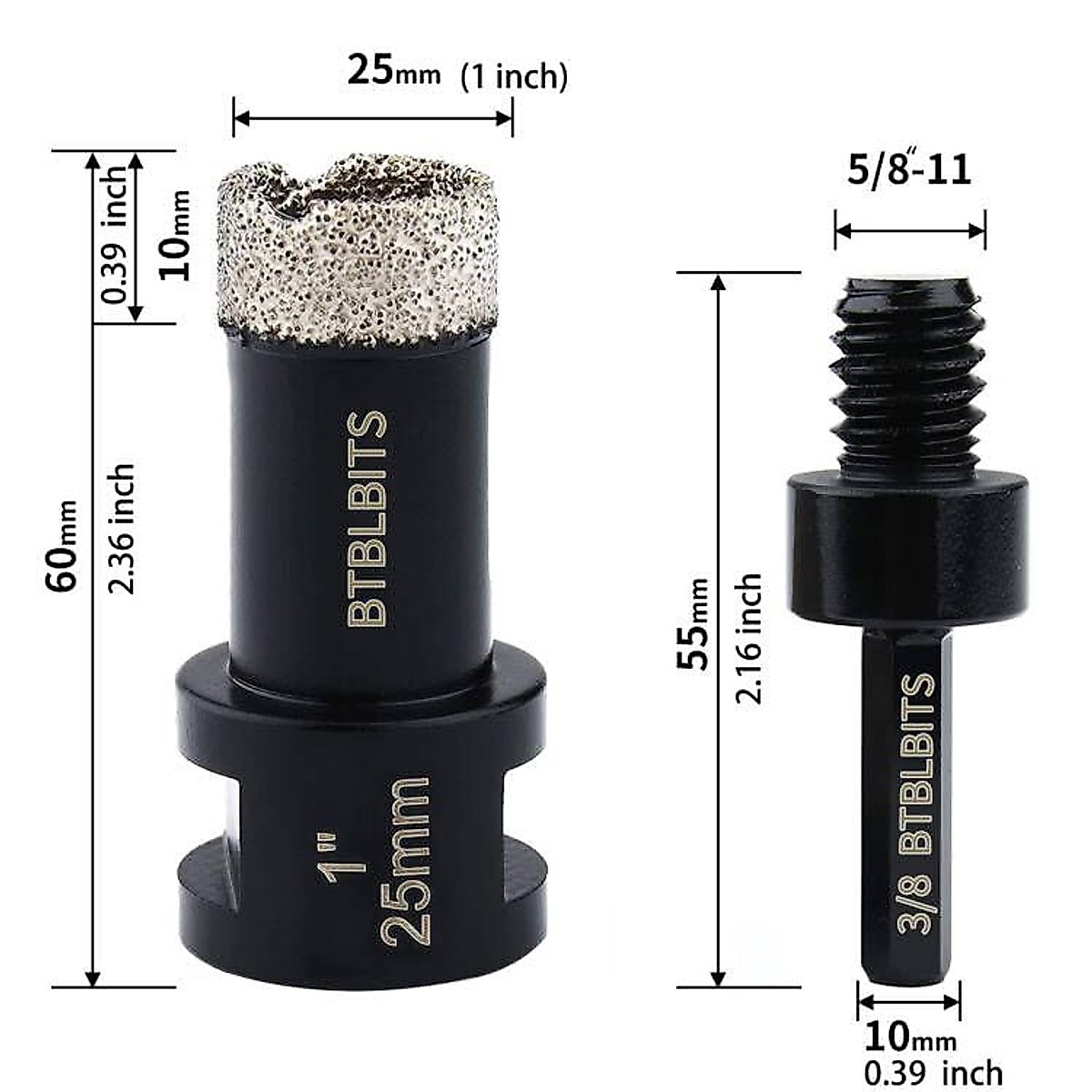 BTBLBITS Dry Diamond Core Drill Bit 1 Inch (25mm) 5/8-11 Thread Tile Drill Bits Vacuum Brazed Angle Grinder Diamond Hole Saw for Porcelain Ceramic Granite Marble Brick with 3/8” Hex Shank Drilling