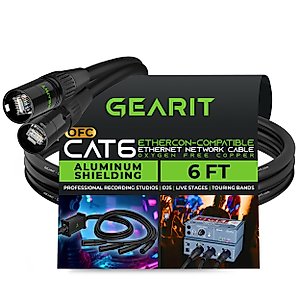 GearIT CAT6 Ethernet Cable, EtherCON-Compatible (6 Feet) RJ45 Connectors for Pro Audio, Aluminum Shielded, Oxygen Free Copper - 6 ft. - Black