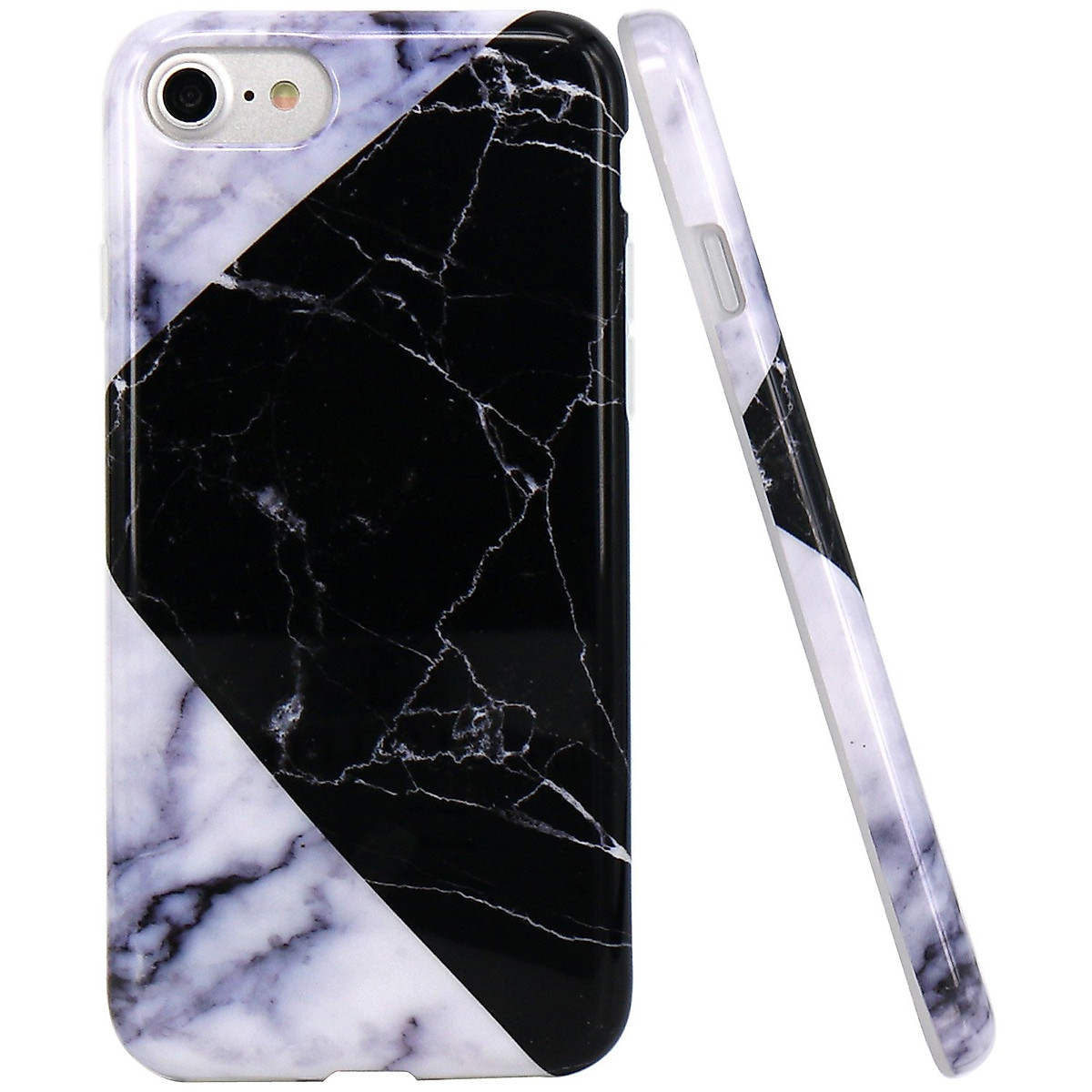 iPhone 7 Case, iPhone 8 Case, JAHOLAN White Black Geometric Marble Design Slim Shockproof Flexible Glossy TPU Soft Case Rubber Silicone Cover for Apple iPhone 7 / iPhone 8