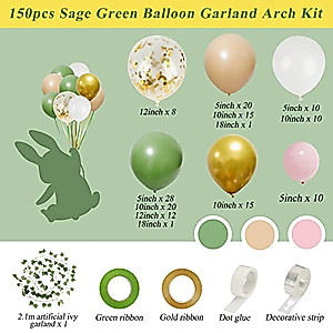 RUBFAC 150pcs Sage Green Pink Balloon Garland Arch Kit, Olive Green Blush Peach Gold Balloons with Artificial Ivy for Baby Shower Birthday Garden Theme Party Decorations