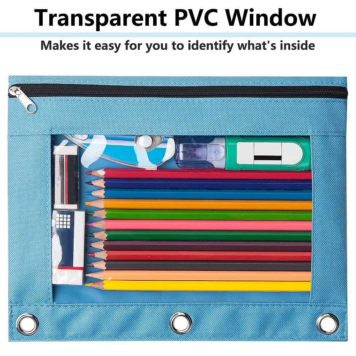 Forvencer Pencil Pouch for 3 Ring Binder, Large Pencil Case Pouch with 3 Reinforced Grommets, Pen Bag, Clear Window Pencil Case, Binder Accessories, Black