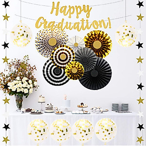KAXXI Graduation Decorations 2023 Black and Gold, Happy Graduation Banners with Paper Fans Star Garland Confetti Balloons Set for Grad Party Supplies