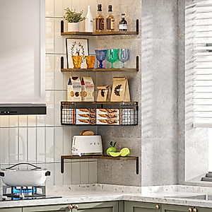 Zincify 4+1 Corner Floating Shelves with Wire Storage Basket, Corner Wall Shelves Rustic Wood for Bathroom, Kitchen, Bedroom, Living Room, Office, Corner Shelf Wall Mounted Dark Brown