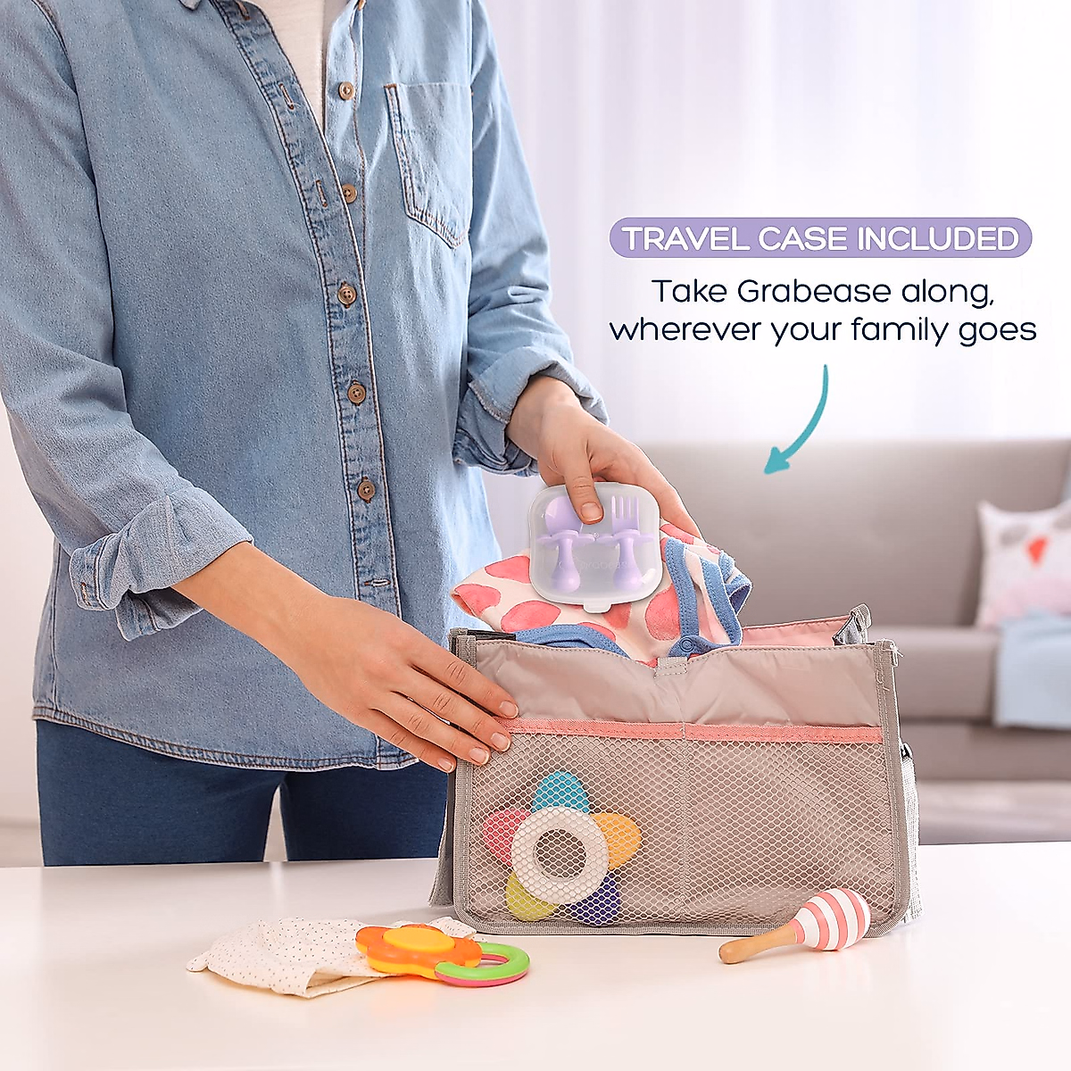 GRABEASE Bundle of 2 First Self Feed Baby Utensils with a Togo Pouch - Anti-Choke, BPA-Free Baby Spoon and Fork Toddler Utensils for Led Weaning Ages 6 Months+ Lavender and Blush