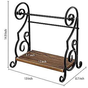 MyGift Black Metal Countertop Paper Towel Holder with Rustic Solid Burnt Wood Storage Shelf and Scrollwork Design, Easy Refill Single Roll Holder