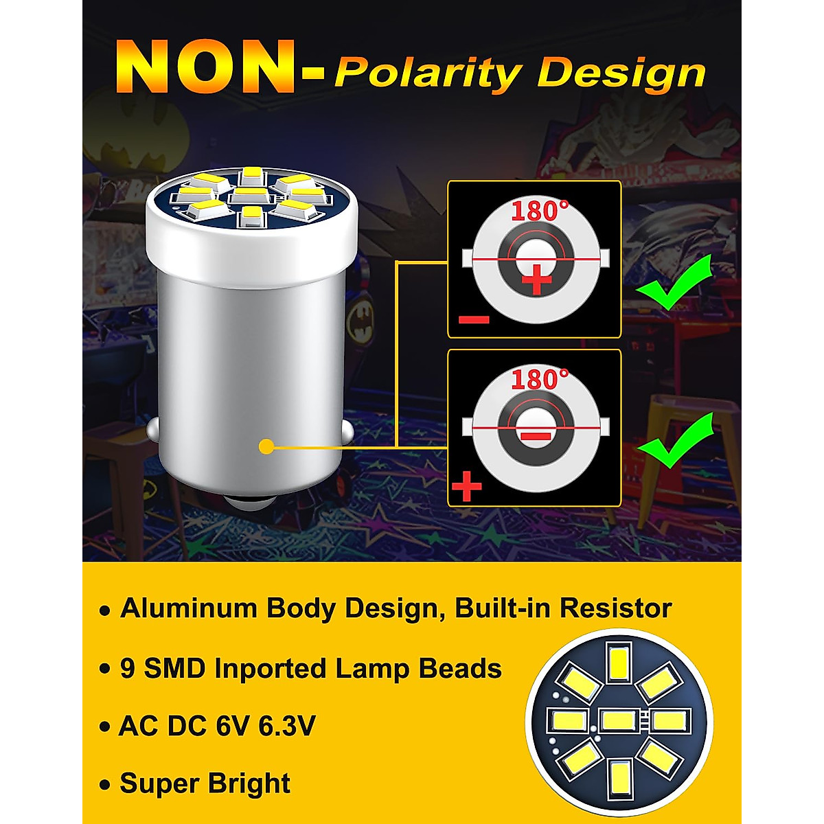 GE44 47 Pinball Machine LED Bulbs BA9S DC/AC 6.3V/6V Coin-Operated Video Old Fashioned Radio Arcade Pinball Gaming Light Bulb 755 756 1893 1895 1847,White,15 Pack