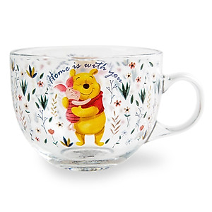 Disney Winnie the Pooh and Piglet Floral Glass Mug | Large Coffee Cup For Espresso, Tea, Mocha | Holds 16 Ounces