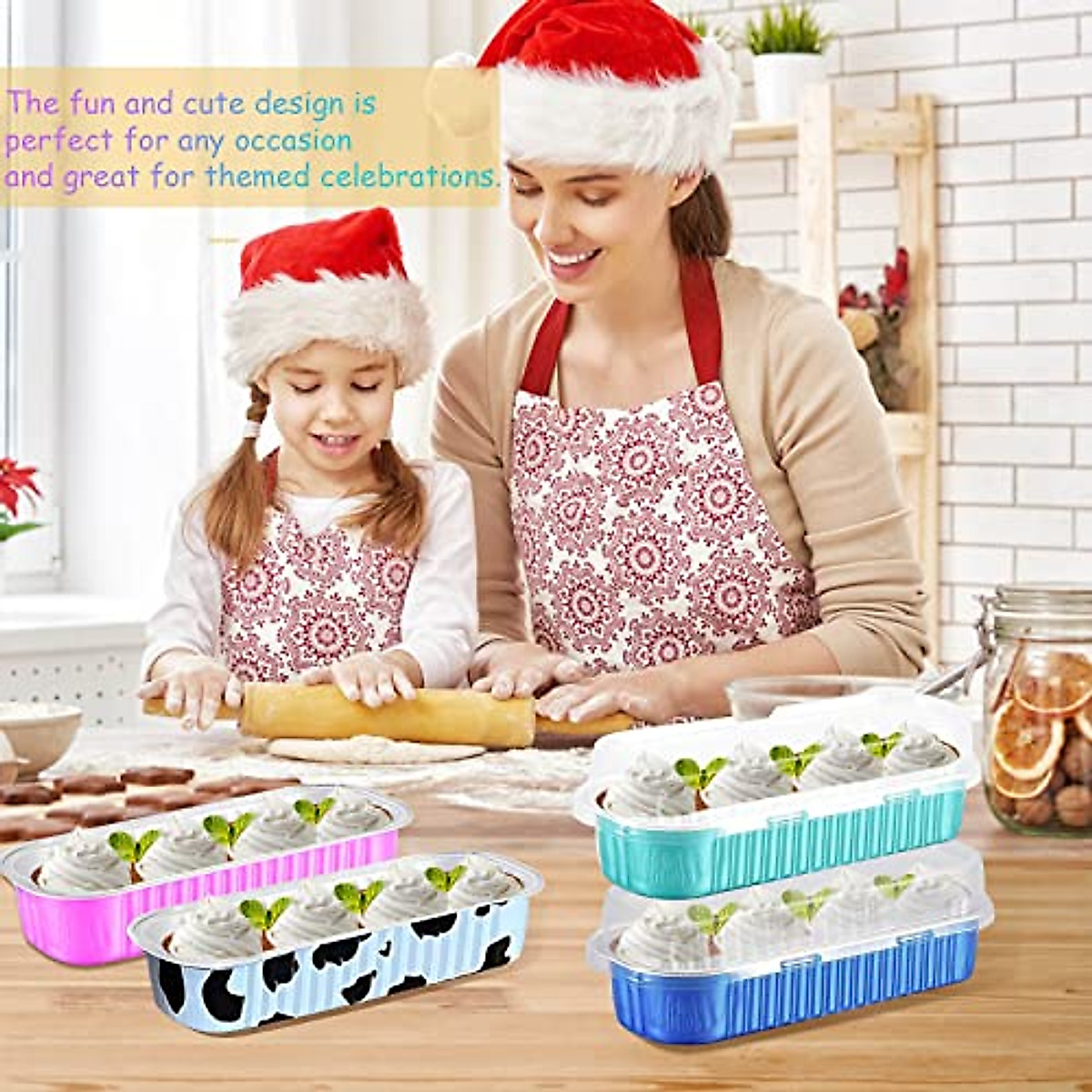 JOYKLE Mini Cake Pans with Lids,50 Pack Mini Loaf Baking Pans and Lids Covers,Aluminum Foil Long Baking Cups,Disposable Foil Cupcake Liners for Brownie Cake Bread Loaf Muffin (Multi)