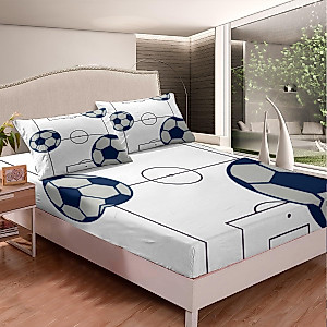 jejeloiu Football Sheet Set Queen Size Kids Football Court Sheets with Deep Pocket Fitted Sheet for Boys Girls Teens Soccer Ball Pattern Bed Sheets Set Breathable Sports Theme Bedding Set Room Decor
