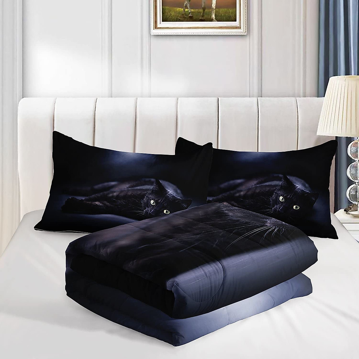 Datura home Cat Bedding Comforter Set Black in Dark 3D Digital Printed Pattern Quilt with 1 and 2 Pillowcases for Adult Kids Bedroom All Season(Black Twin), Twin 68x86inches