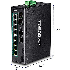 TRENDnet 10-Port Industrial Gigabit PoE+ DIN-Rail Switch, 8 x Gigabit PoE+ Ports, DIN-Rail Mount, 2 x SFP Slots, 240W PoE Power Budget, Network Switch, IP30, QoS, Lifetime Protection, Black, TI-PG102