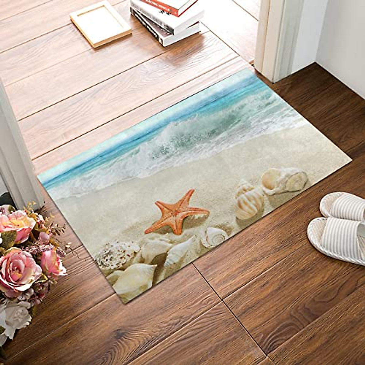 Summer Ocean Beach Area Rug 4x6ft/48x72in/120x180cm,Starfish Seashells Polyester Yoga Mat for Living Dining Dorm Room Bedroom Home Carpet Decor