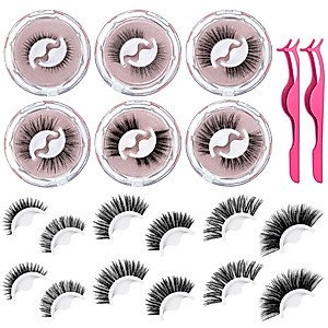 Reusable Self Adhesive Eyelashes No Glue or Eyeliner Needed Easy to Put on, Stable Non Slip Waterproof False Lashes with 2 Eyelash Tweezers Thoughtful Gift for Women Makeup, 6 Pairs (Stylish Style)