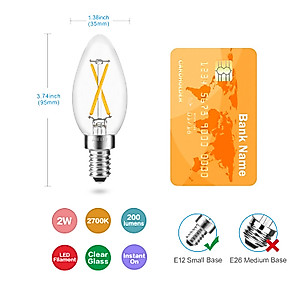 AIELIT Vintage LED Candelabra Bulbs 25W Equivalent, Warm White 2700K, E12 LED Light Bulb Dimmable, 200 Lumens, Clear Glass, 2W B11/B10/C35 Edison Torpedo Filament Bulb for Ceiling Fans, 4-Pack