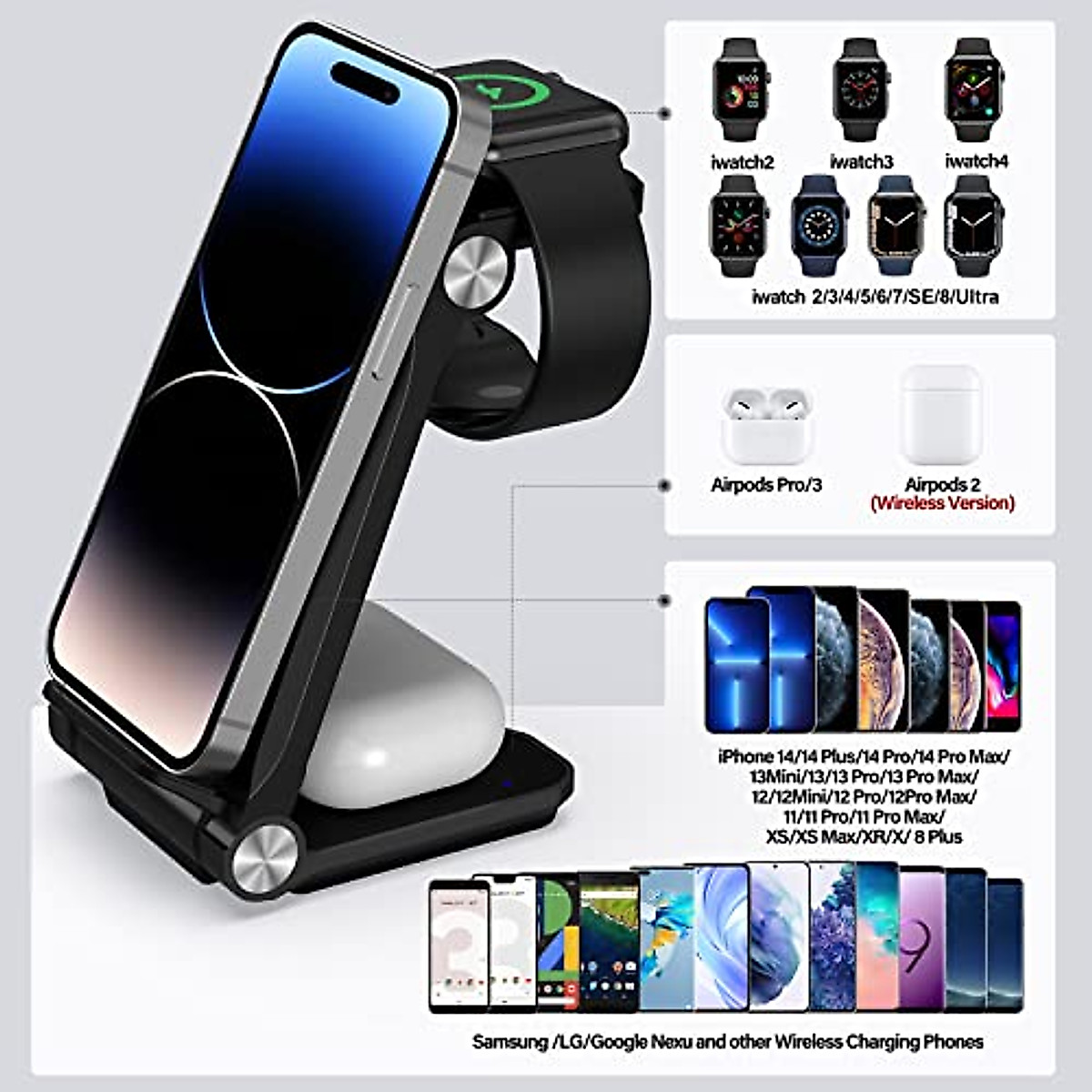 Kertxin Wireless Charger Stand,Foldable 3 in 1 Wireless Charging Station for Apple Watch Ultra 8 7 6 SE 5 4 3 2,iPhone 14/14 Pro/14 Pro Max/13/13 Pro Max/13 Pro/Mini/12/12 Pro/11,Wireless Phones