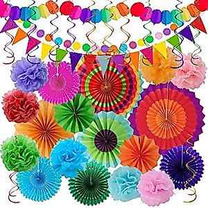 Huryfox Fiesta Party Decorations - 33pcs Colorful Mexican Themed Hanging Paper Fans, Rainbow Paper Pom Poms, Fiesta Bunting and Tissue Paper Streamers for Birthday, Festival, and Rainbow Parties