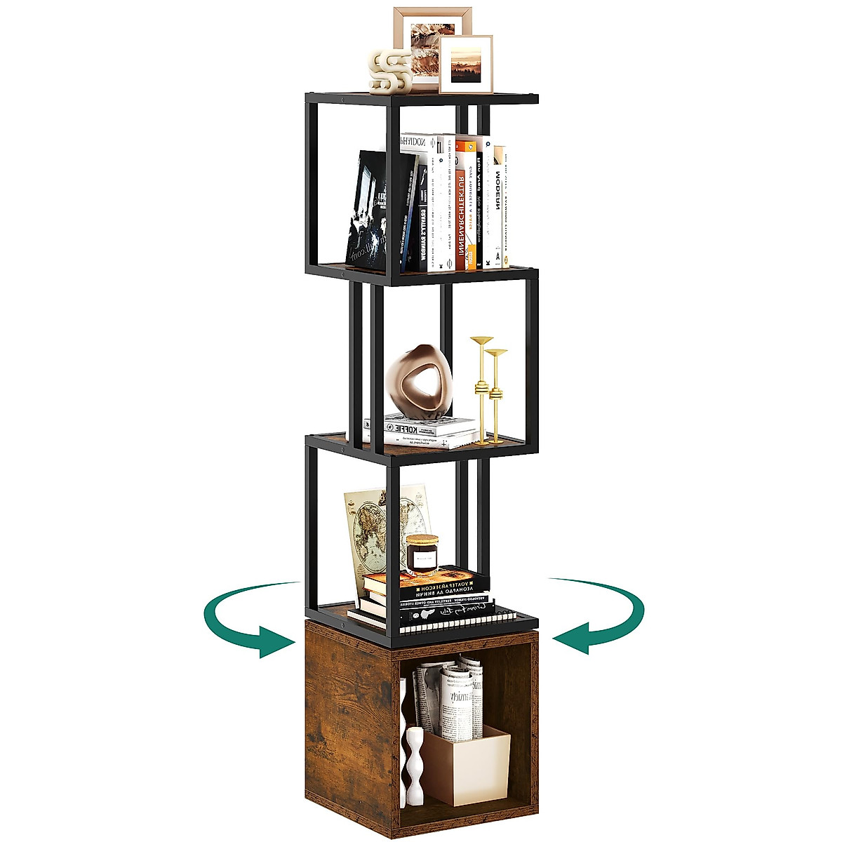 YITAHOME 4-Tier Rotating Bookshelf 360 Display Floor Standing Bookcase for Small Spaces Industrial Narrow Shelf Organizer Storage Rack for Bedroom, Living Room, Study Room,Rustic Brown