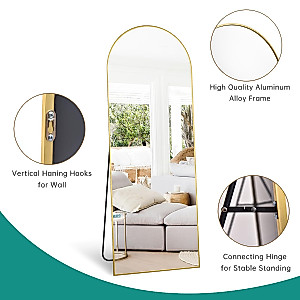 TinyTimes 64''x21'' Arched Full Length Mirror with Stand, Full Body Mirror, Mirror Full Length, Gold Floor Mirror Freestanding, Wall Mounted Mirror for Bedroom Living Room Cloakroom, Gold