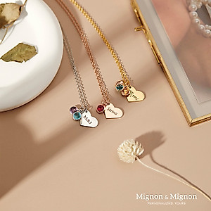 MignonandMignon Custom Name Engraved Birthstones Necklace Women Personalized Date Heart Jewelry Mothers Day Gifts for Her Matching Necklace April May Friends Birthday - MHN-BS