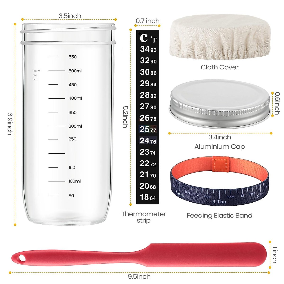 Maxcheck 4 Sets Sourdough Starter Jar Sourdough Starter Kit with Thermometer Scraper, Cloth Cover and Metal Lid 24 oz Wide Mouth Sour Dough Jar Container for Bread Baking Supplies(4 Sets)