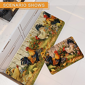 Farmhouse Kitchen Rugs and Mats Set of 2, Farm Rooster Kitchen Rug Non-Slip Washable Floor Mat for Kitchen Home Decor - 17x29 and 17x47 Inch